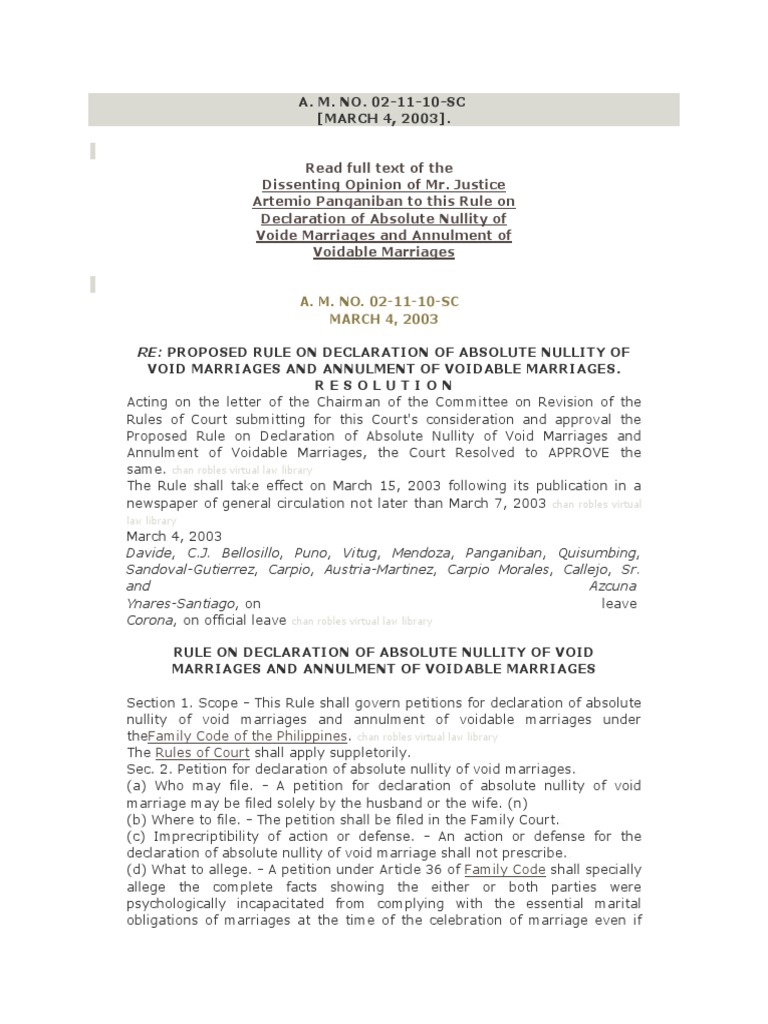 Rules on Declaration of Nullity of Marriage | PDF | Annulment ...
