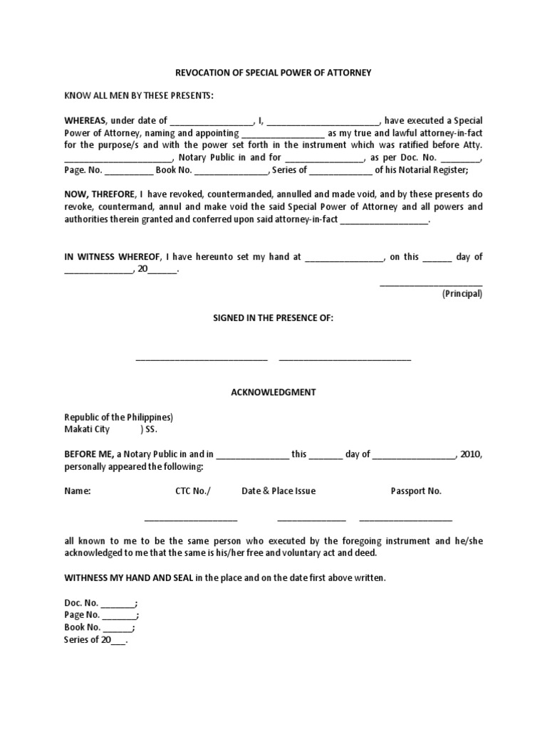 FOrmat SPA and Revocation of SPA | PDF | Power Of Attorney | Notary Public