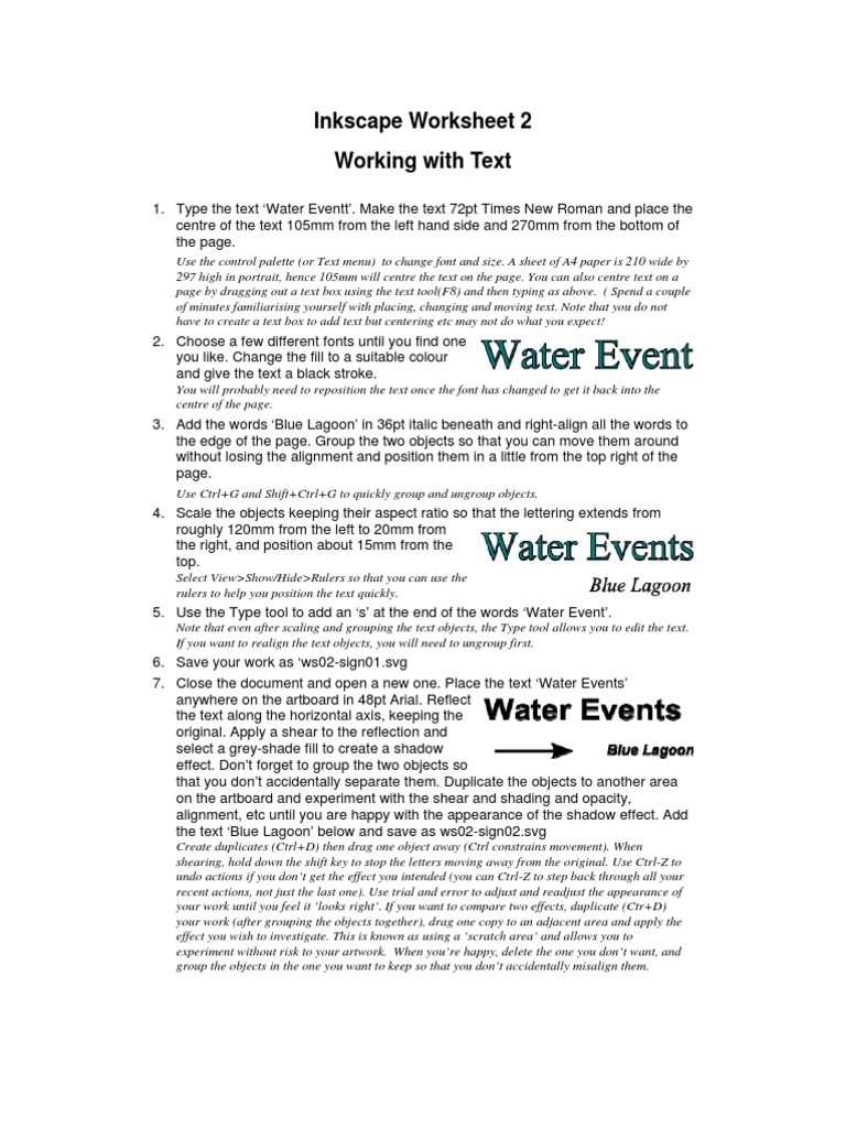 Inkscape Worksheet 2 Working With Text | PDF