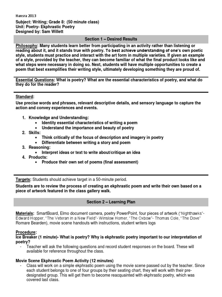 ST Lesson Plan - Ekphrastic Poetry | PDF | Poetry | Lesson Plan