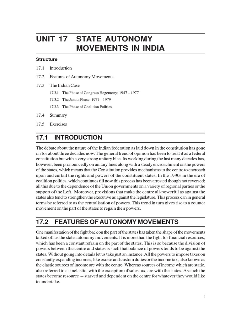 Unit-17 State Autonomy Movements in India | PDF | Indian National ...