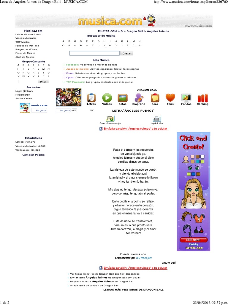 Letra de Ángeles Fuimos de Dragon Ball - MUSICA.com | PDF | Ocio | Deportes