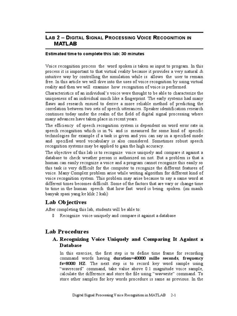 Lab 2 - Digital Signal Processing Voice Recognition in Matlab - 030614 | Download Free PDF ...