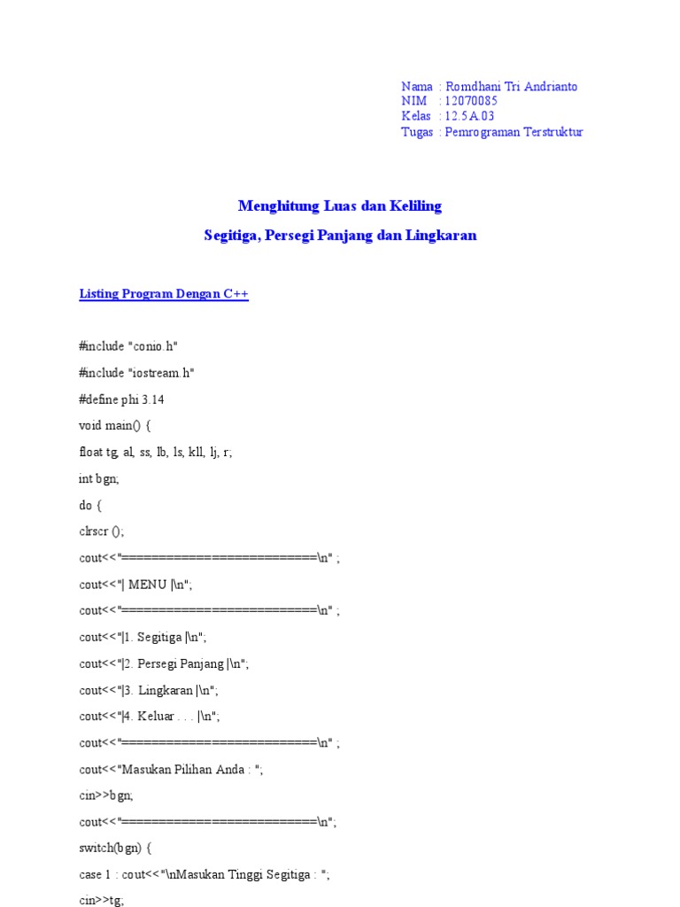 Program C++ & Pascal: Luas & Keliling | PDF