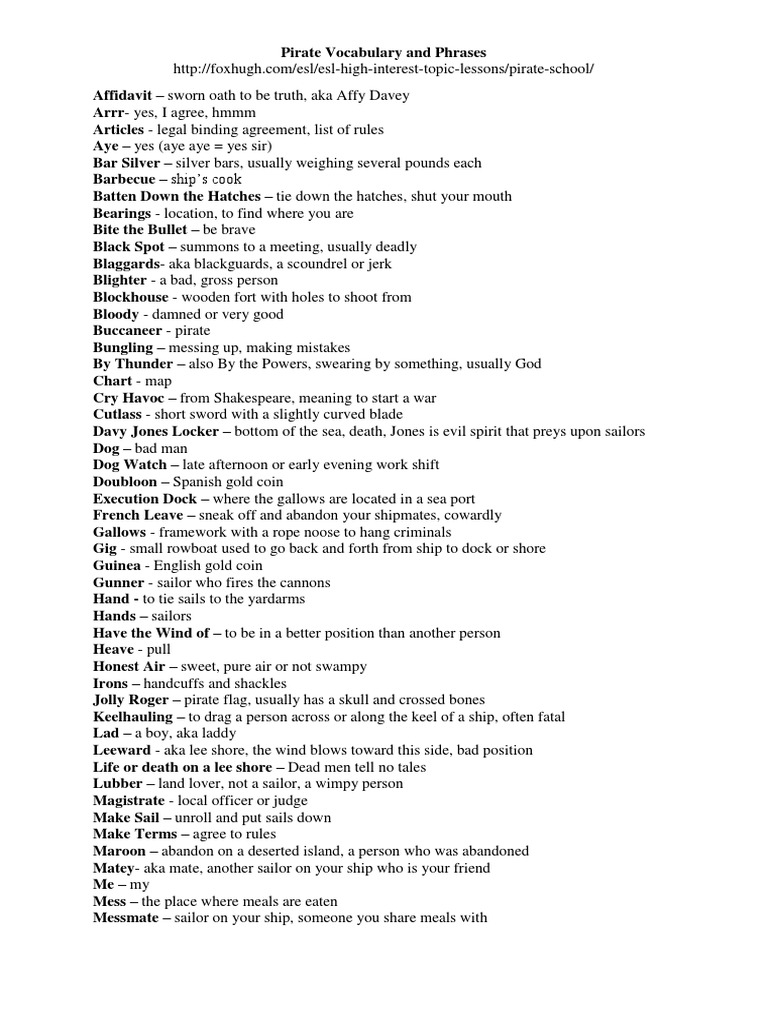 Pirate Vocabulary and Phrases | PDF | Sailor | Piracy