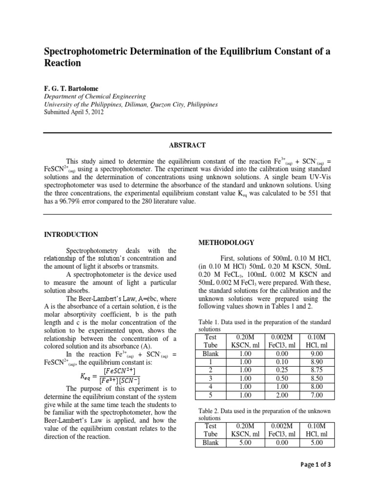 Equilibrium Constant via Spectrophotometry | PDF | Spectrophotometry | Absorbance