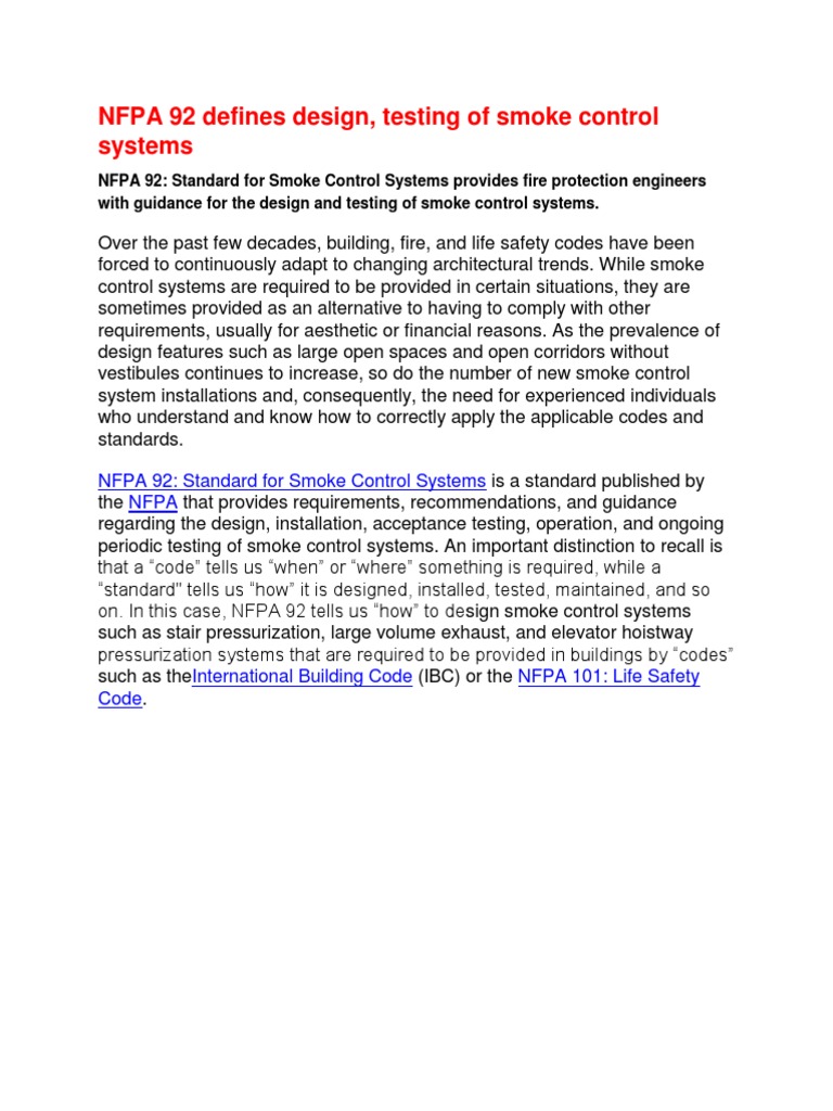 NFPA 92,3, 101 Defines Design | PDF | Flammability | Fire Sprinkler System