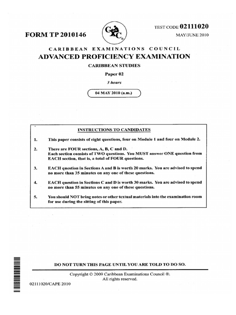 Cape Caribbean Studies 2010 Past Paper Paper2
