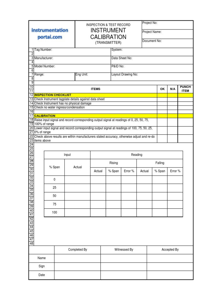 Pressure Transmitter Calibration Sheet | PDF