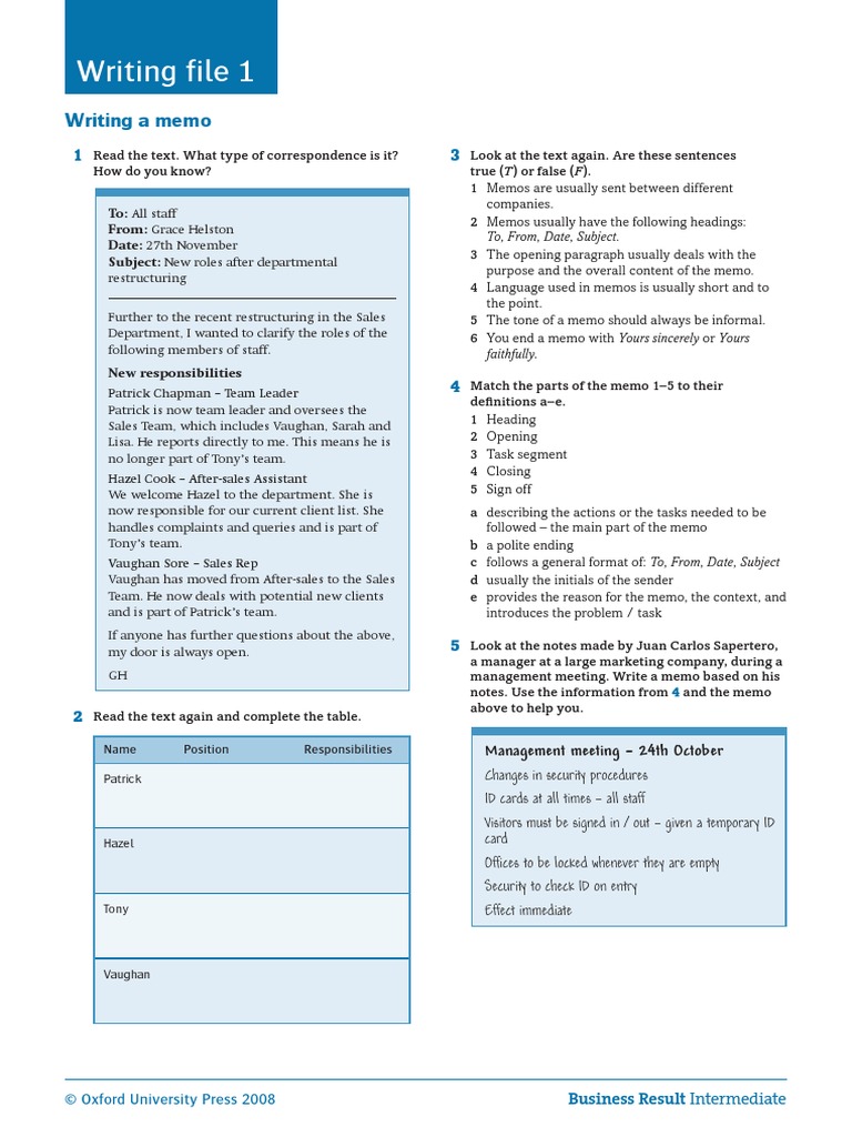 1. Writing a Memo - Student's Worksheet | Memorandum | Computing