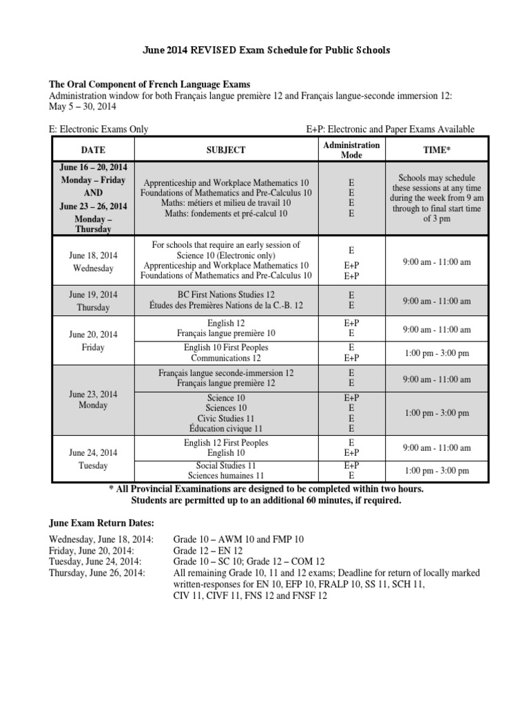 June 2014 Public School Exam Schedule | PDF