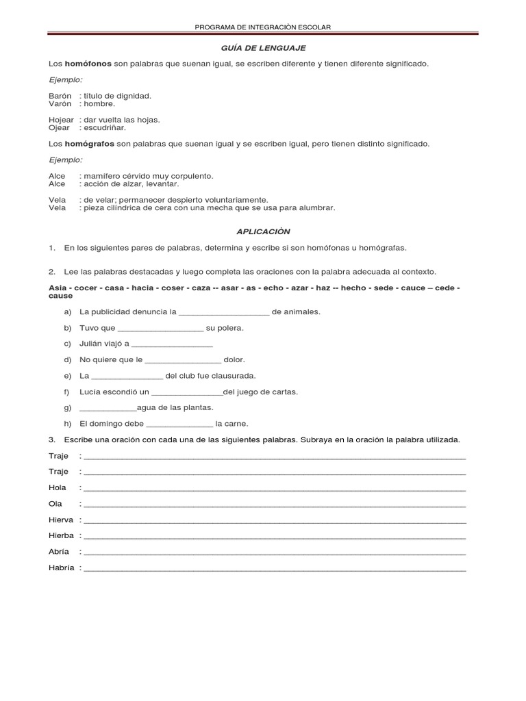 Guía de Lenguaje Homofonos y Homografos