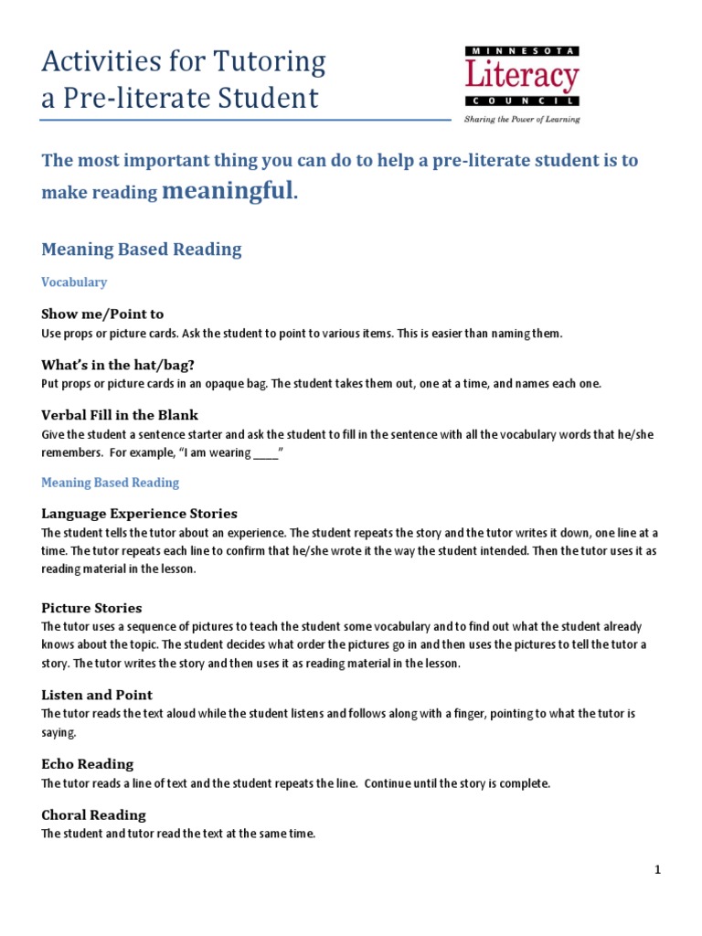 Activities For Tutoring A Pre Literate Student | PDF | Tutor | Literacy