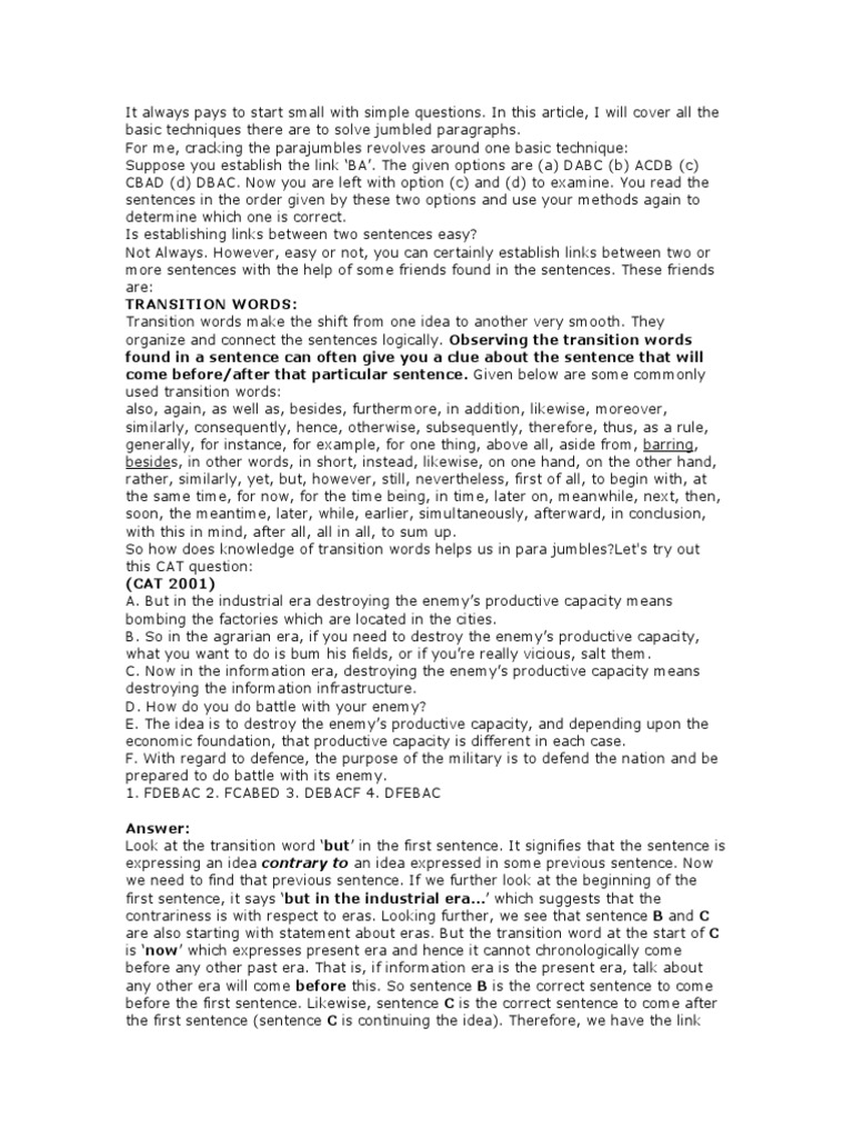 Techniques for Solving Jumbled Paragraphs | PDF