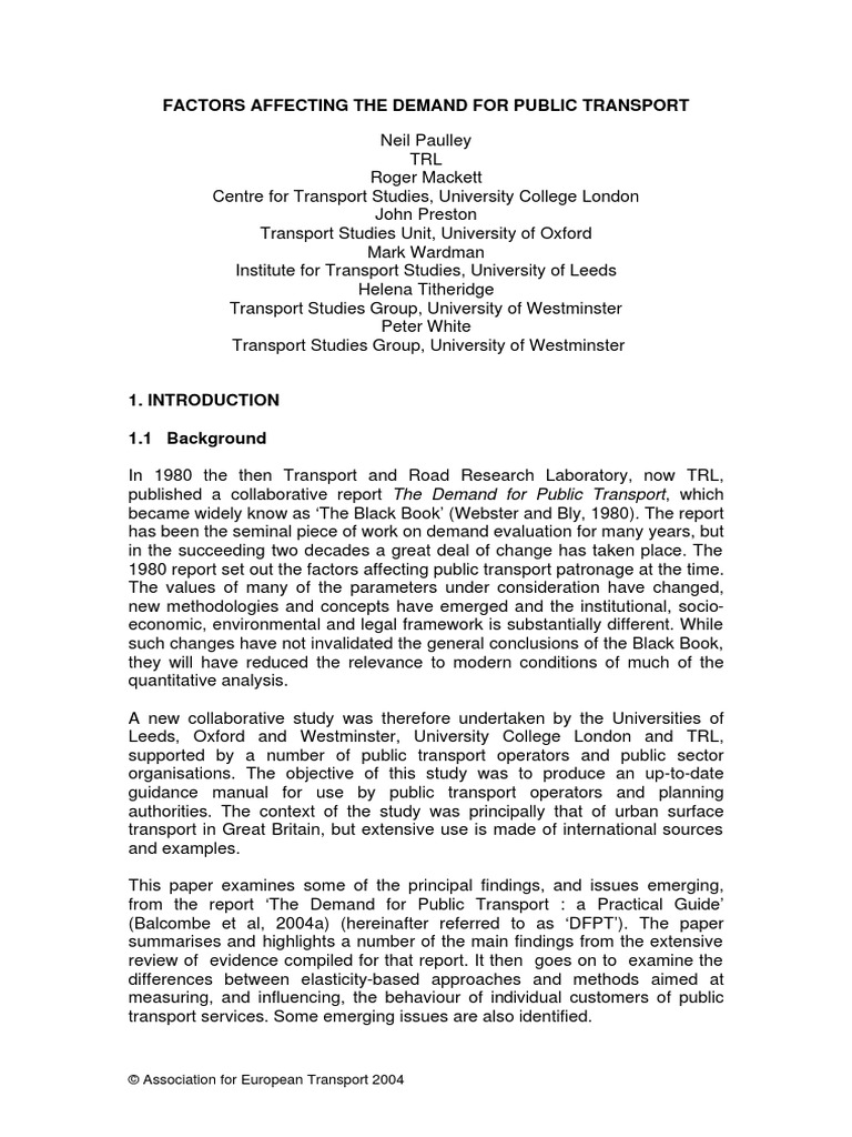 Factors Affecting The Demand For Public Transport | PDF | Demand ...