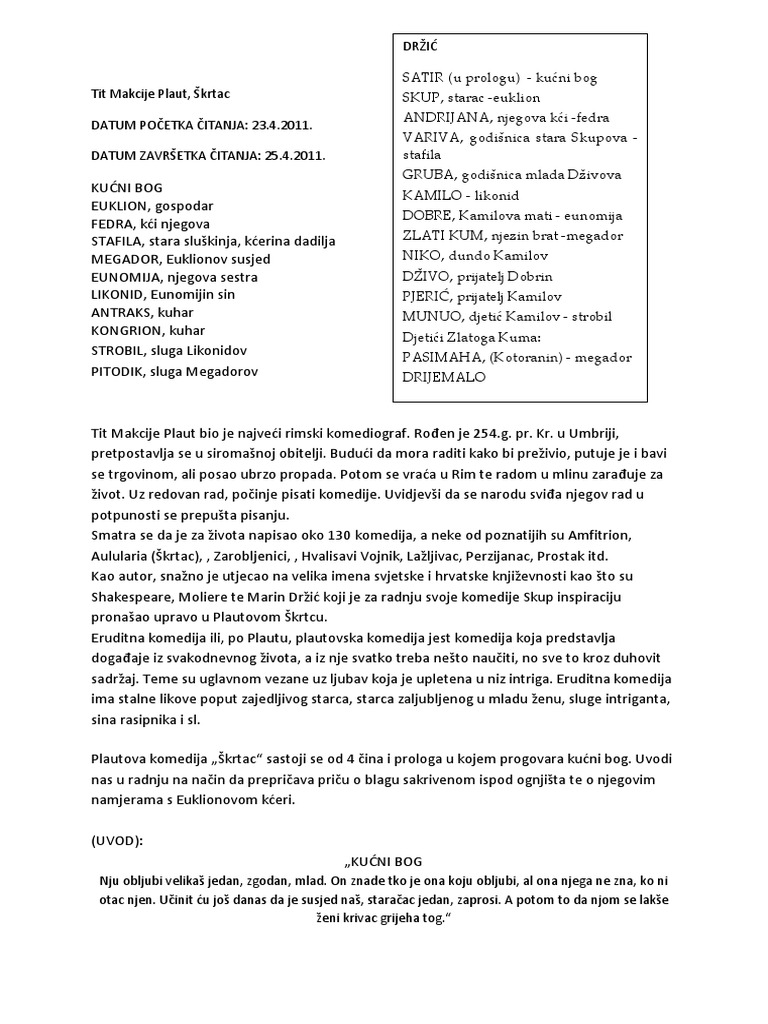 Tit Makcije Plaut - Škrtac (Aulularija) | PDF