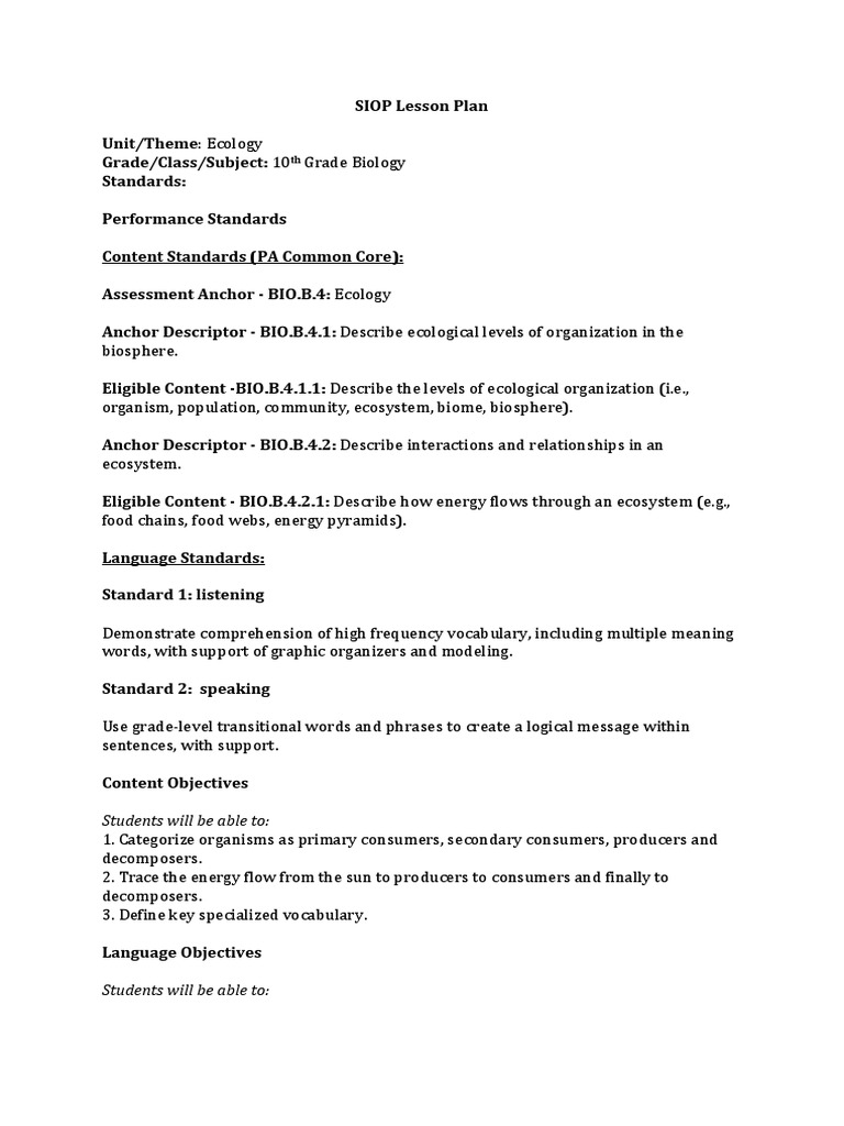 SIOP Ecology Lesson Plan for Biology | PDF | Ecology | Food Web