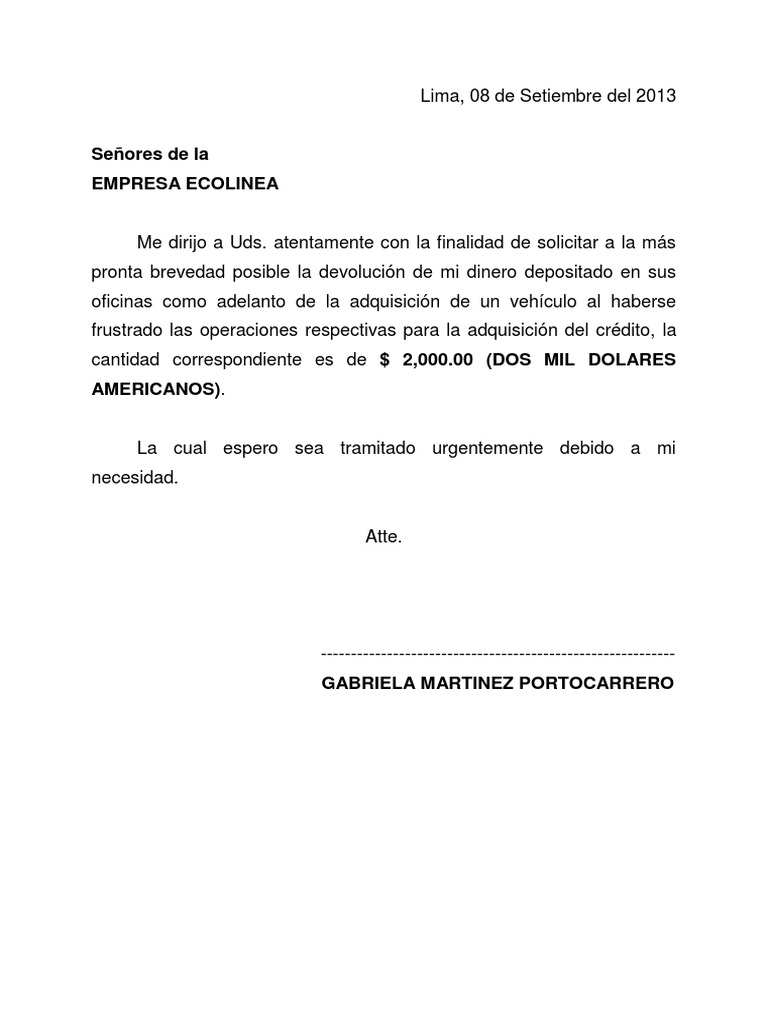 Solicitud - Devolucion de Dinero | PDF