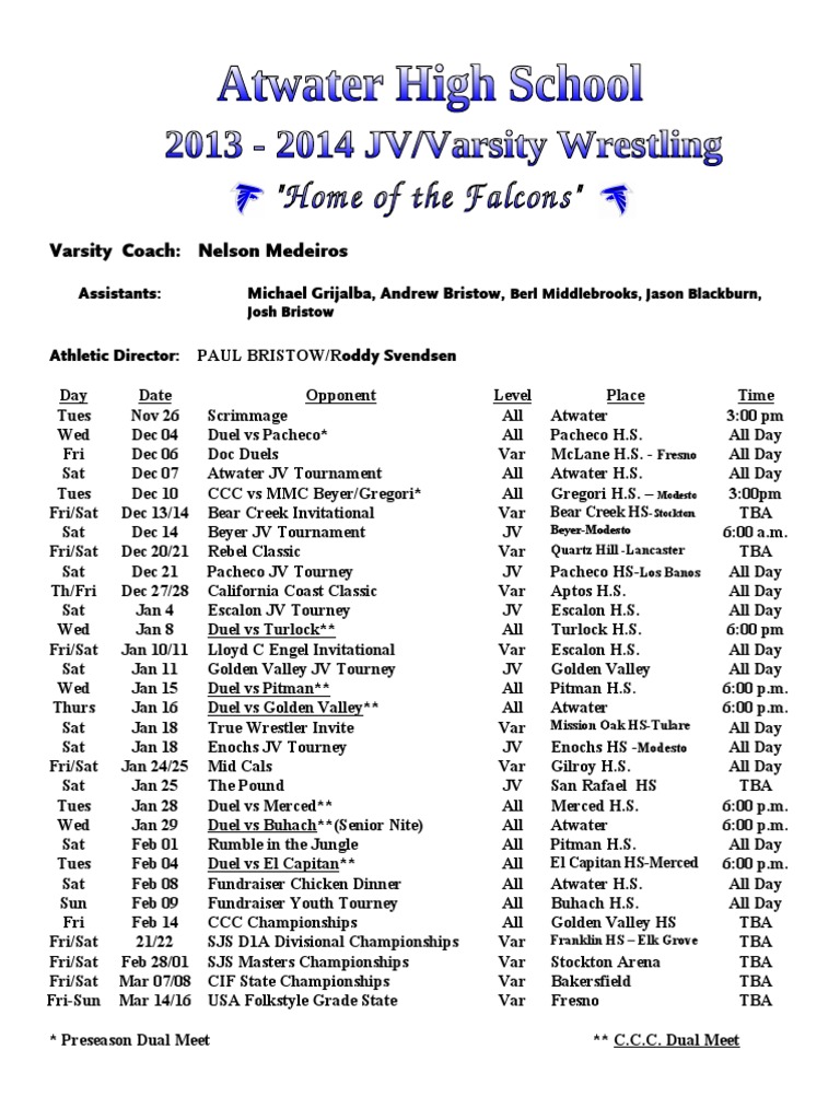 GVHS Wrestling Schedule 2023-24 | PDF