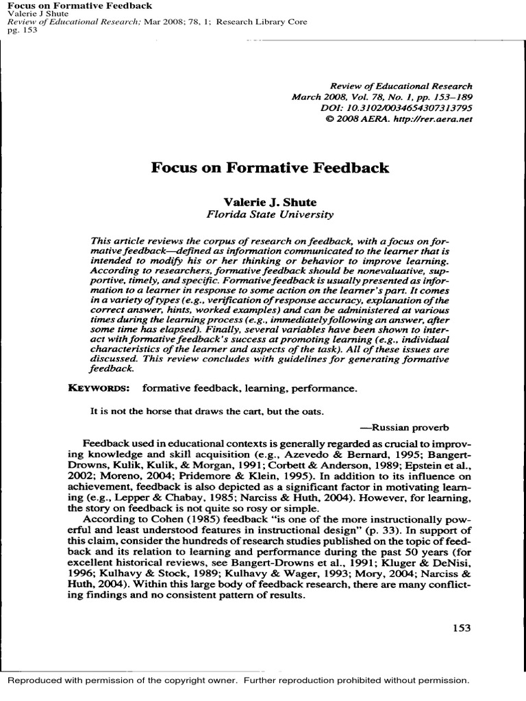 Shute 2008 Focus On Formative Feedback | PDF | Anti Competitive ...