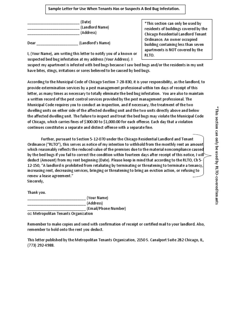 Bed Bugs - Sample Letter | PDF | Leasehold Estate | Landlord