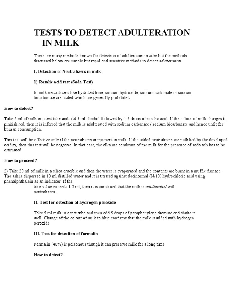 Tests To Detect Adulteration in Milk | PDF | Sodium Hydroxide | Urea