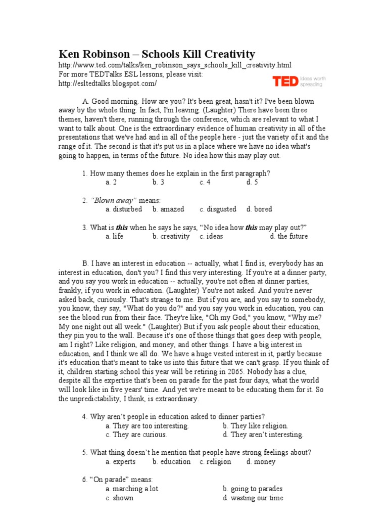 Ken Robinson Says Schools Kill Creativity Pdf English As A Second