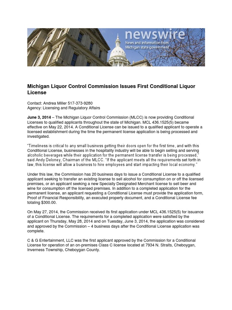 Michigan Liquor Control Commission Issues First Conditional Liquor ...