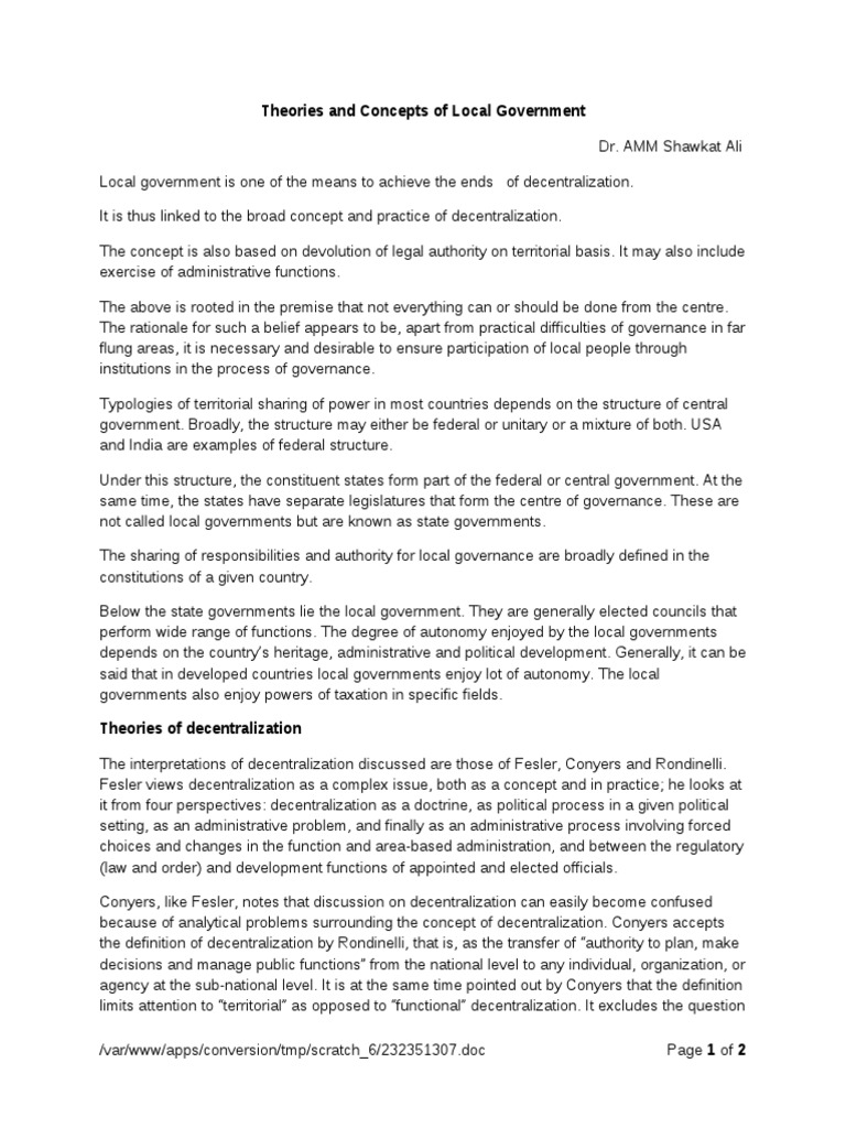 Theories and Concepts of Local Government | PDF | Decentralization ...