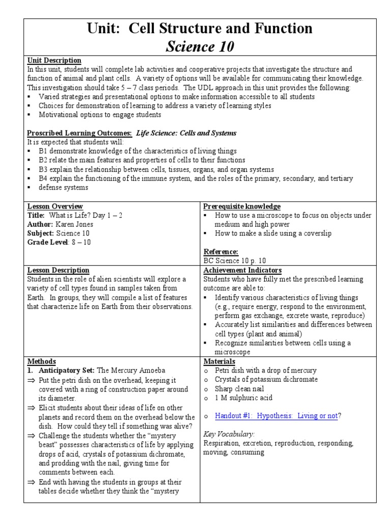 Unit: Cell Structure and Function: Science 10 | PDF | Life | Biology