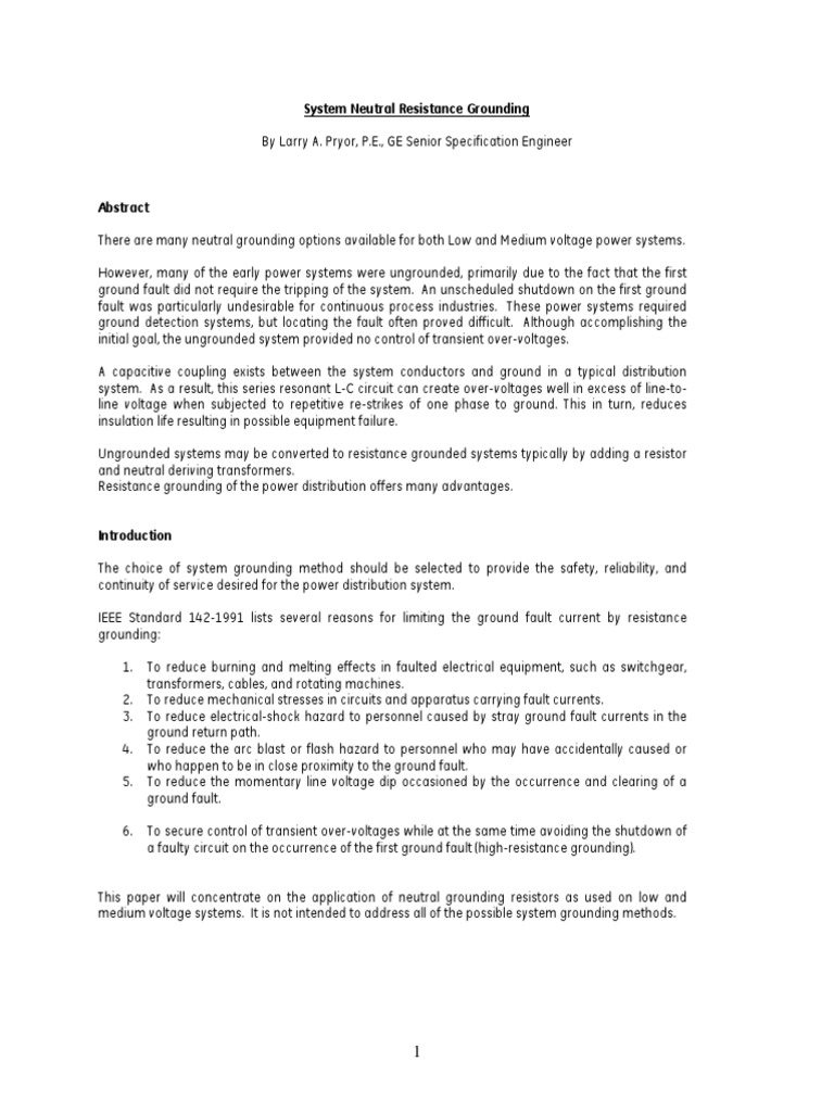 Neutral Resistance Grounding Methods | PDF | Resistor | Electric Power ...