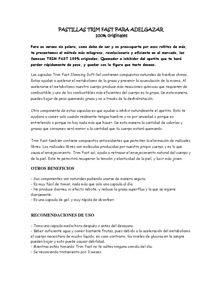 Pastillas Trim Fast para Adelgazar | PDF | Metabolismo | Deshidración