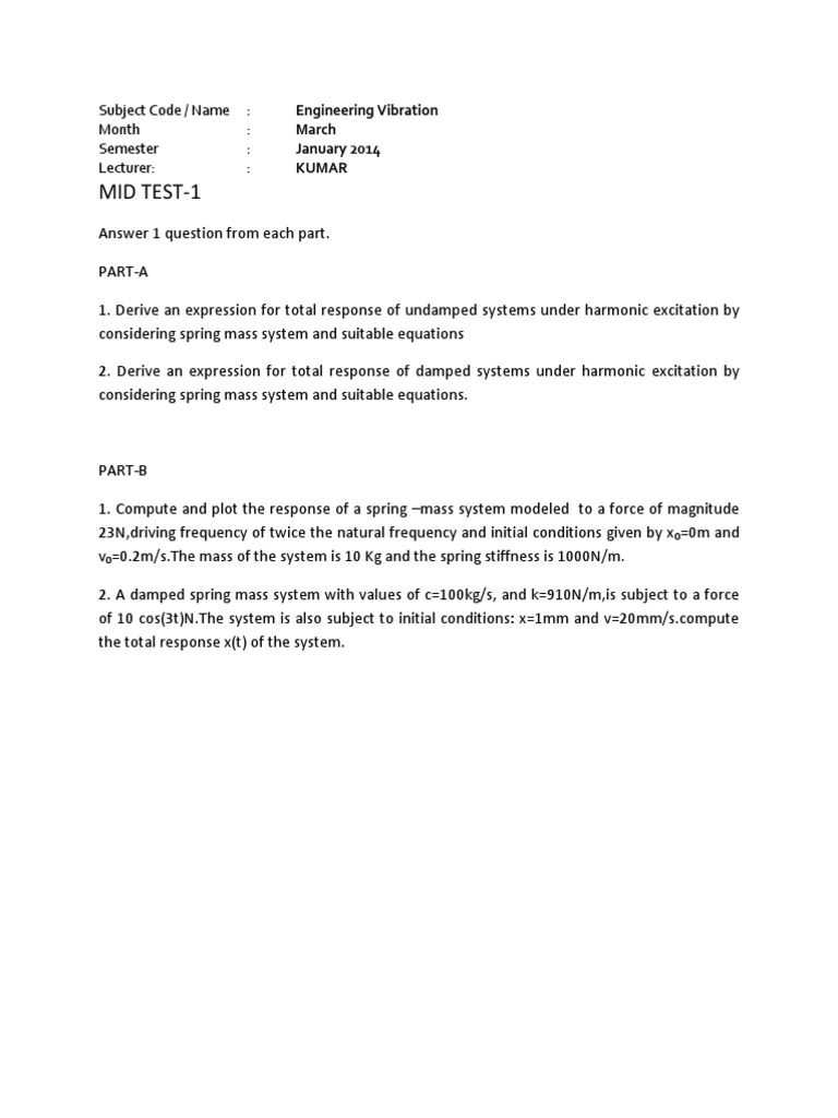 Engineering Vibration Mid Test 1 Guide | PDF | Teaching Methods ...