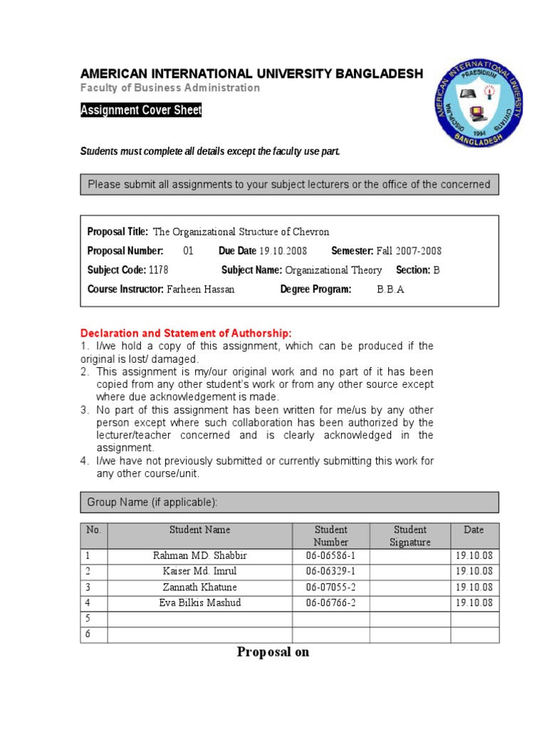 Assignment Cover Sheet: American International University Bangladesh ...
