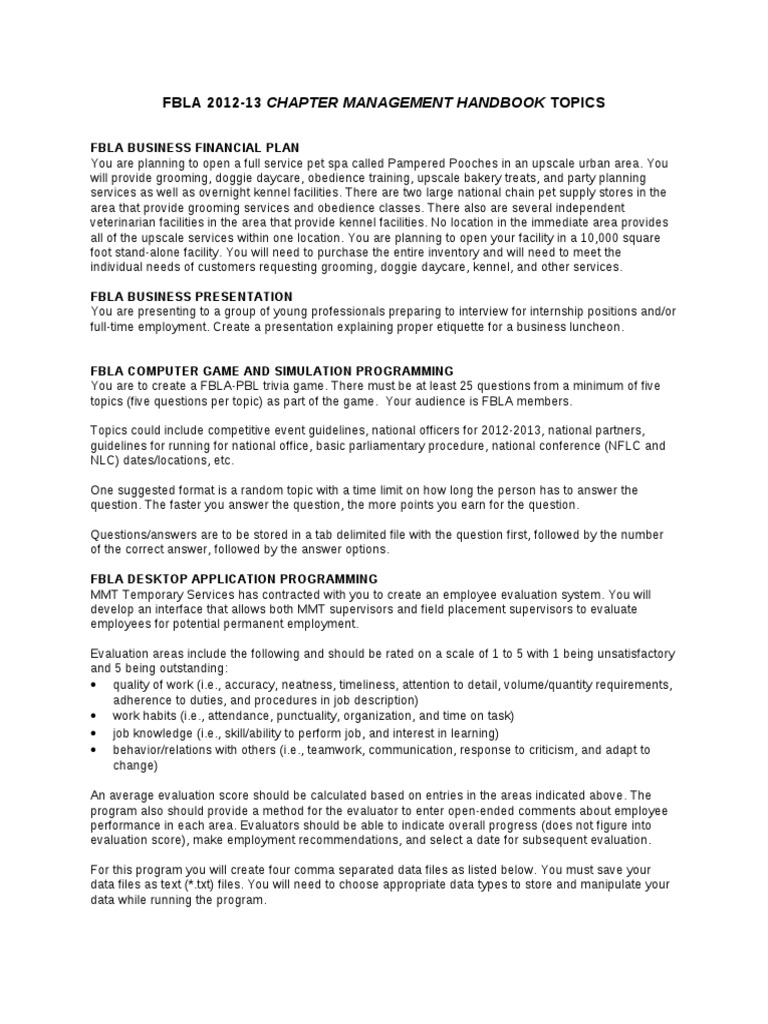 Fbla 2012-13 Chapter Management Handbook Topics: Fbla Business ...