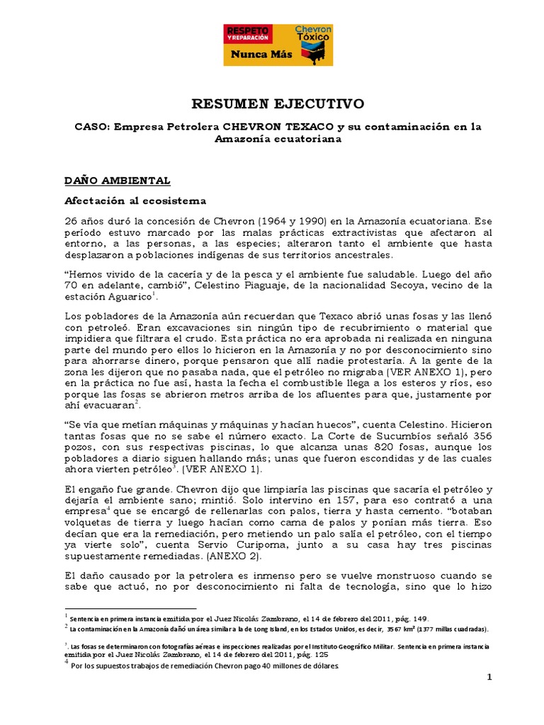 Resumen Caso Chevron Texaco Contaminacion Amazonia | PDF | Ecuador ...
