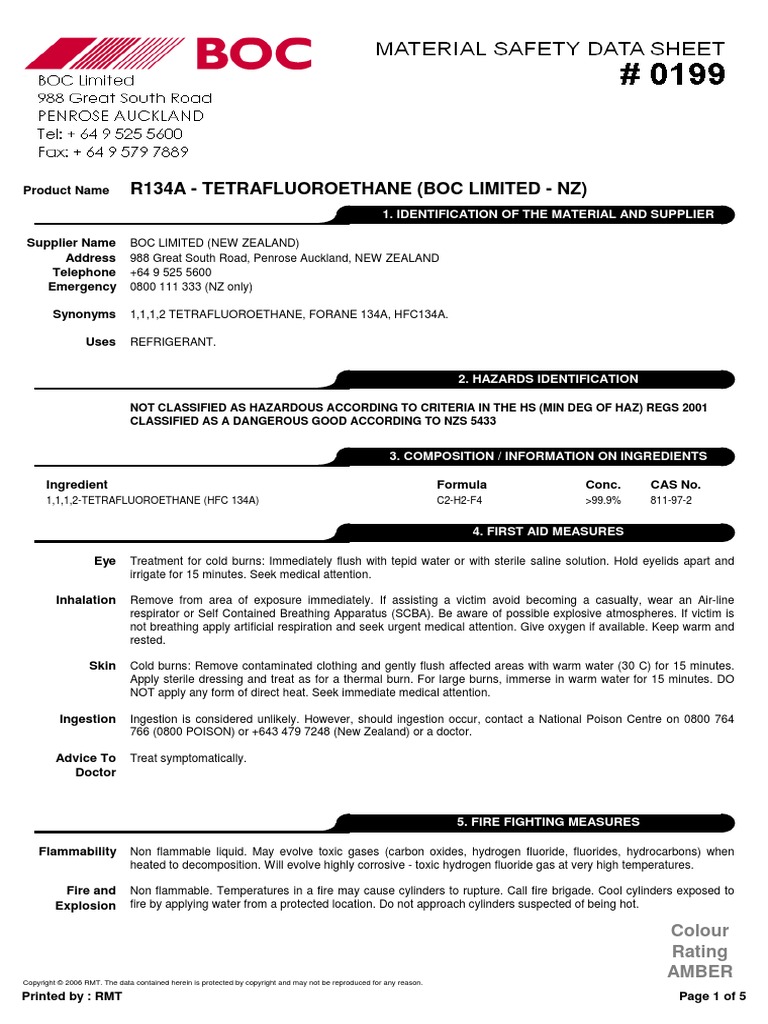R134A - Tetrafluoroethane (Boc Limited - NZ) : Product Name | PDF ...