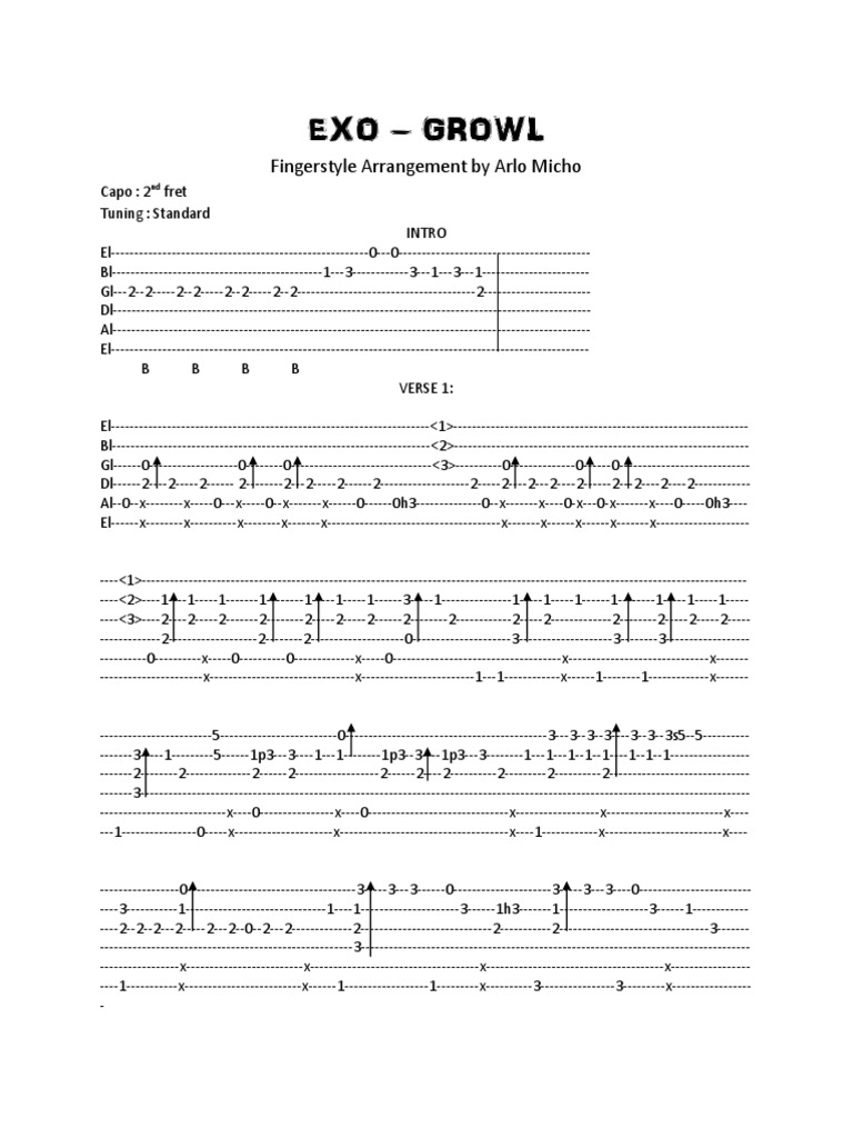 EXO - GROWL Fingerstyle Guitar Tabs | PDF | Guitars | Music Technology