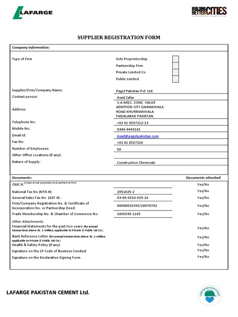 Supplier Registration Form - Pagel Pakistan | PDF | Sole Proprietorship ...