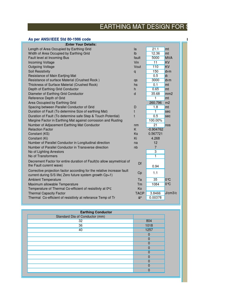 Earthing Mat Design For Sub Station: As Per ANSI/IEEE STD 80-1986 Code ...