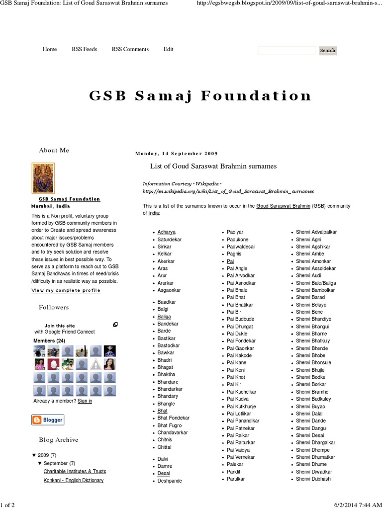 GSB Samaj Foundation_ List of Goud Saraswat Brahmin Surnames | Social ...