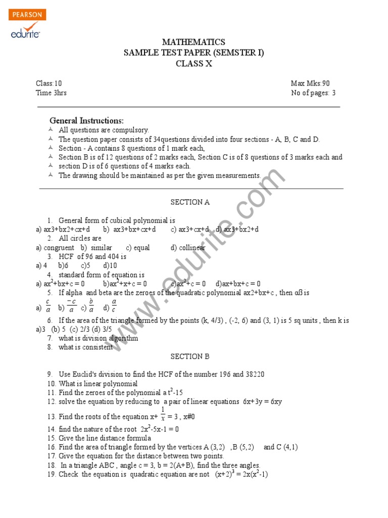 Class 10 Cbse Maths Sample Paper Term 1 Model 1 | PDF | Quadratic ...