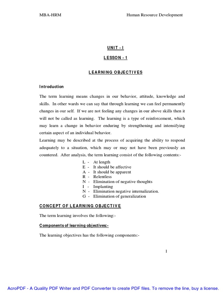 Unit - I Lesson - 1 Learning Objectives | PDF