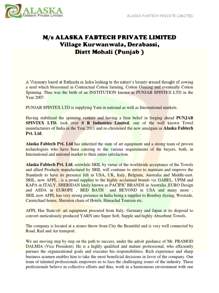 Alaska Fabtech Pvt. Ltd. Overview | PDF | Industries | Clothing Industry