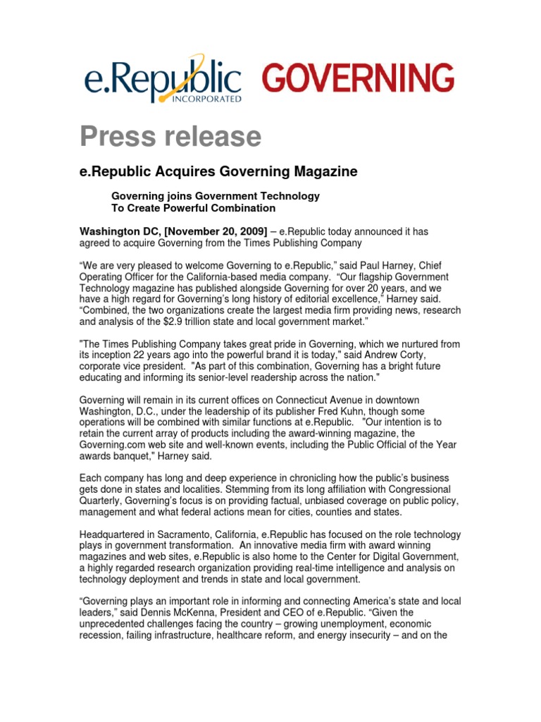November 2009: E.republic Acquires Governing Magazine | PDF | Public ...
