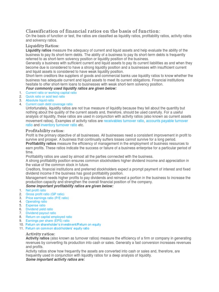 Classification of Financial Ratios by Function | PDF | Revenue | Dividend