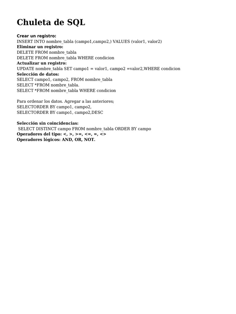 Chuleta de SQL | PDF | SQL | Bases de datos