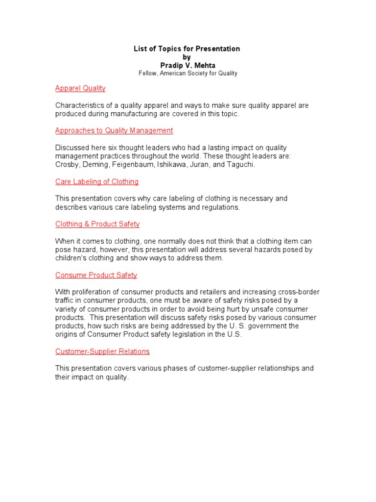 List of Topics For Presentation | PDF | Quality Management | Iso 9000