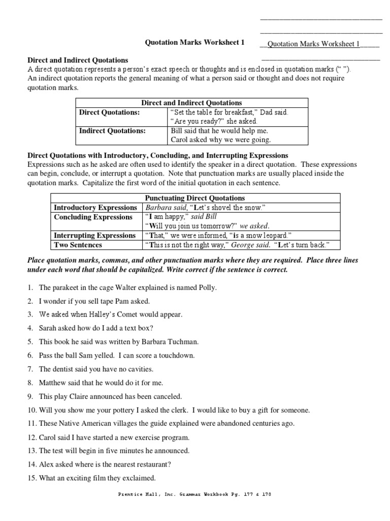 Quotation Marks Worksheet | PDF | Punctuation | Quotation Mark