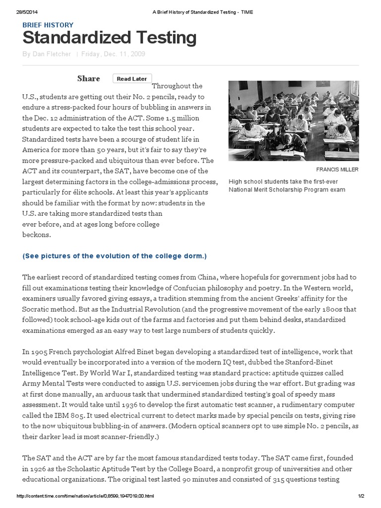 A Brief History of Standardized Testing - TIME | PDF | Sat | Act (Test)